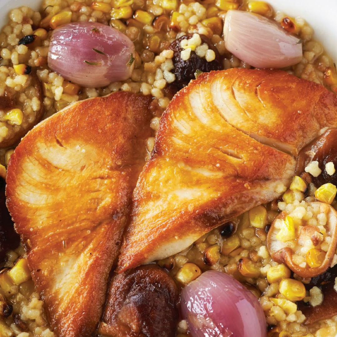 Pan-roasted Spencer Gulf Kingfish charred corn, fregola and shiitake ...